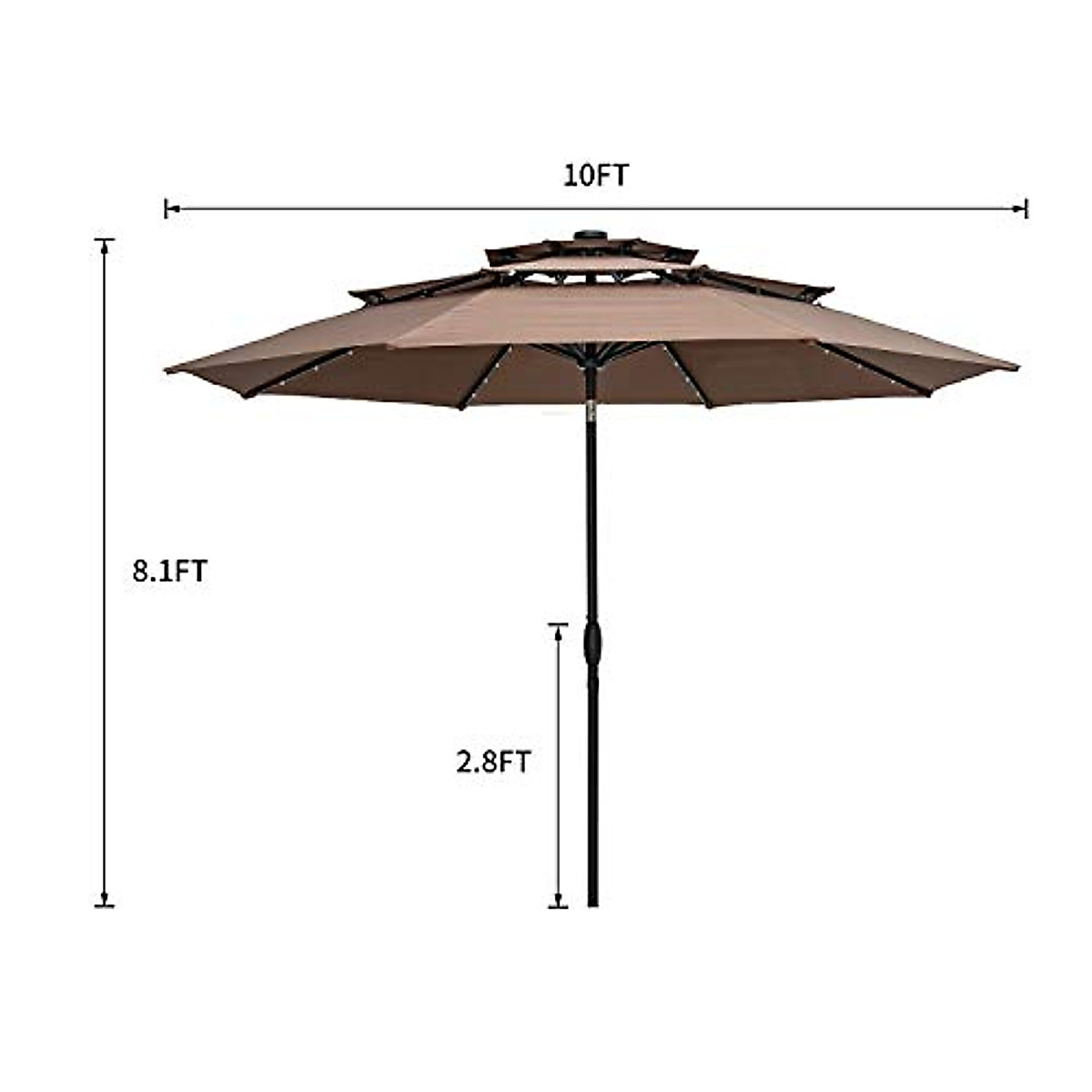 Klismos 10FT 3 Tiers Patio Umbrella with Lights Windproof Outdoor Market Umbrella Large Waterproof Table Umbrella with Tilt and Crank(Coffee)