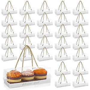 Irenare 30 Pcs Clear Cake Box with Handles Bakery Clear Pastry Cookies Candy Box Rectangular Plastic Cake Roll Container Portable Treat Dessert Gift Boxes for Cupcake, 8.86 x 3.07 x 3.07 Inch (Gold)