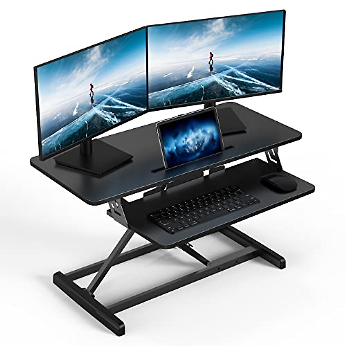 Standing Desk Converter, 35’’ W Height Adjustable Desk Riser w/ Detachable Keyboard Tray, Gas Spring , Fits Dual Monitors, Stand up Desk Riser for Standing or Sitting, Ideal for Home Office, Black