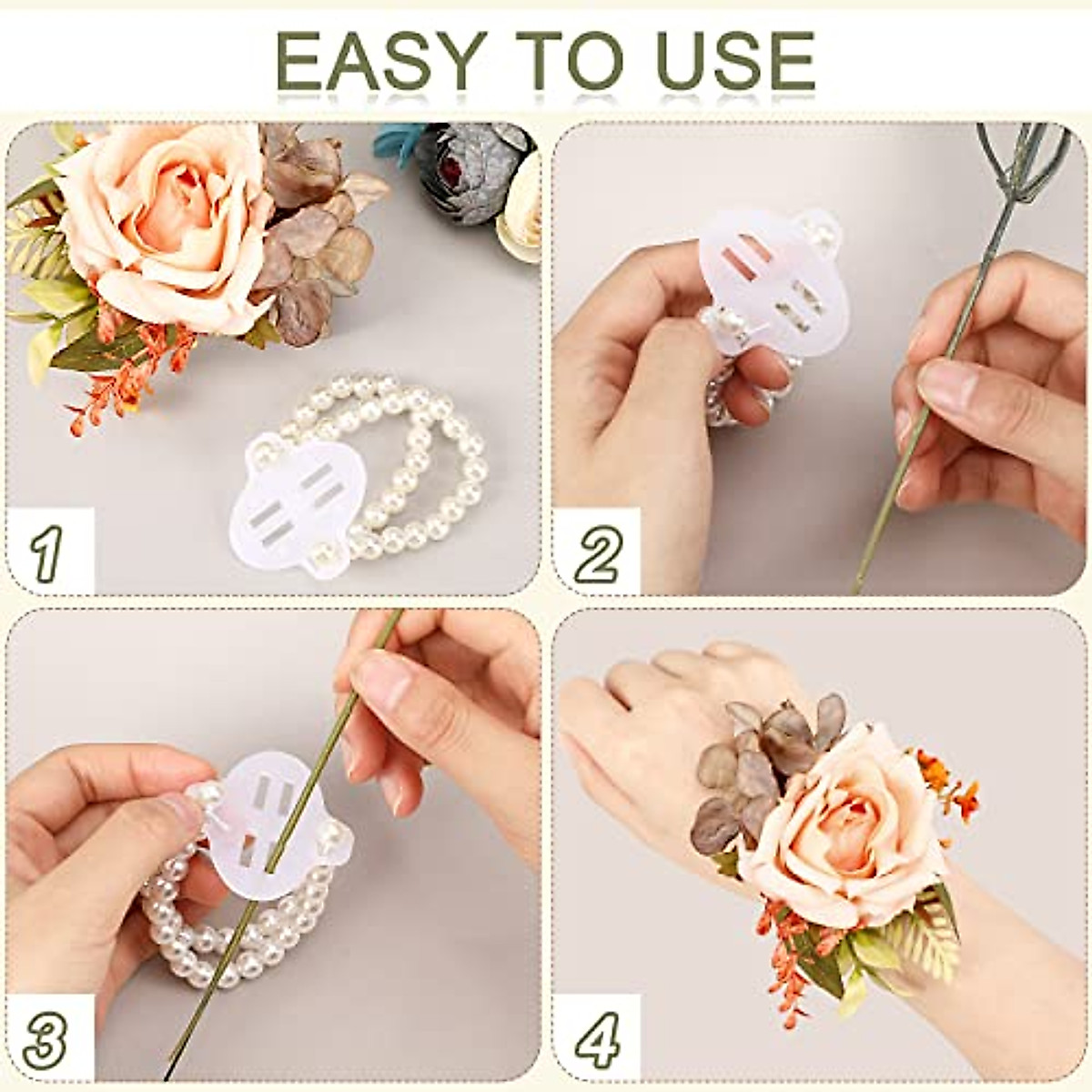 BOARDFEB Corsage Wristlet Band 16 Pcs Elastic Pearl Bracelet Wrist Corsage Bracelets DIY Flower Bracelet with Storage Box for Bride Prom Accessories Wedding Party Decorations