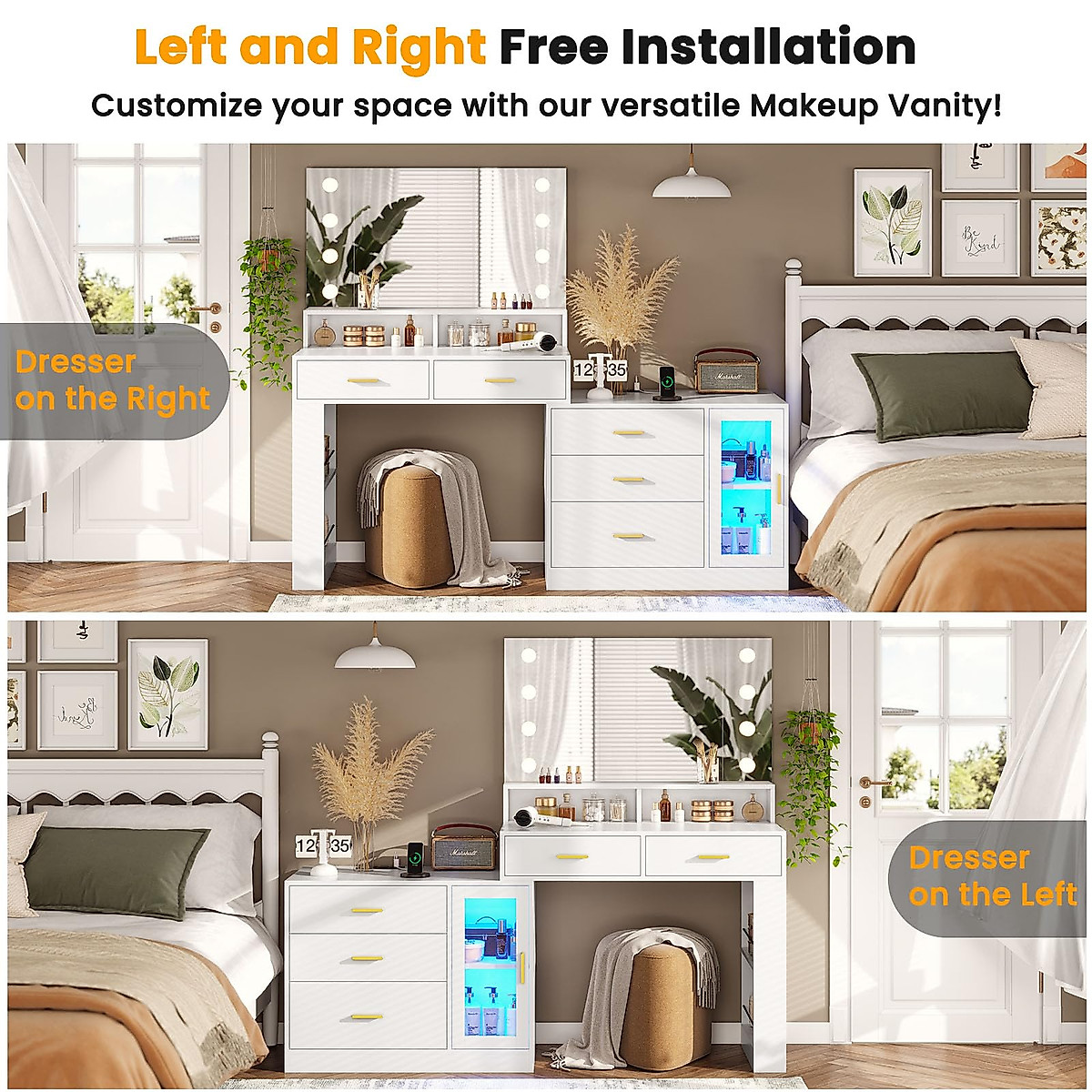 AOGLLATI Makeup Vanity Desk with Mirror and Lights & Charging Station, White Vanity Table with 3 Drawers LED Dresser, Makeup Desk with 3 Lighting Modes, 5 Drawers and Cabinet Storage