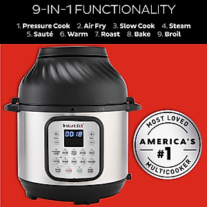 Instant Pot Duo Crisp 9-in-1 Electric Pressure Cooker and Air Fryer Combo with Stainless Steel Pot, Pressure Cook, Slow Cook, Air Fry, Roast, Steam, Sauté, Bake, Broil and Keep Warm
