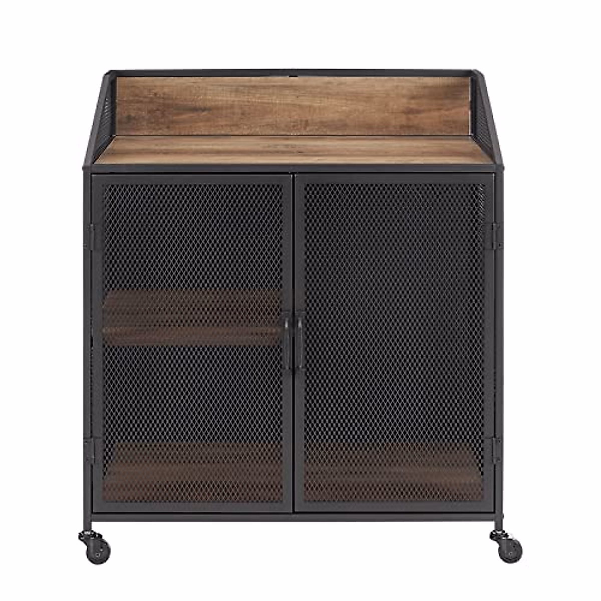 Walker Edison Malcomb Urban Industrial Metal Mesh Double Door Rolling Bar Cabinet, 33 Inch, Rustic Oak