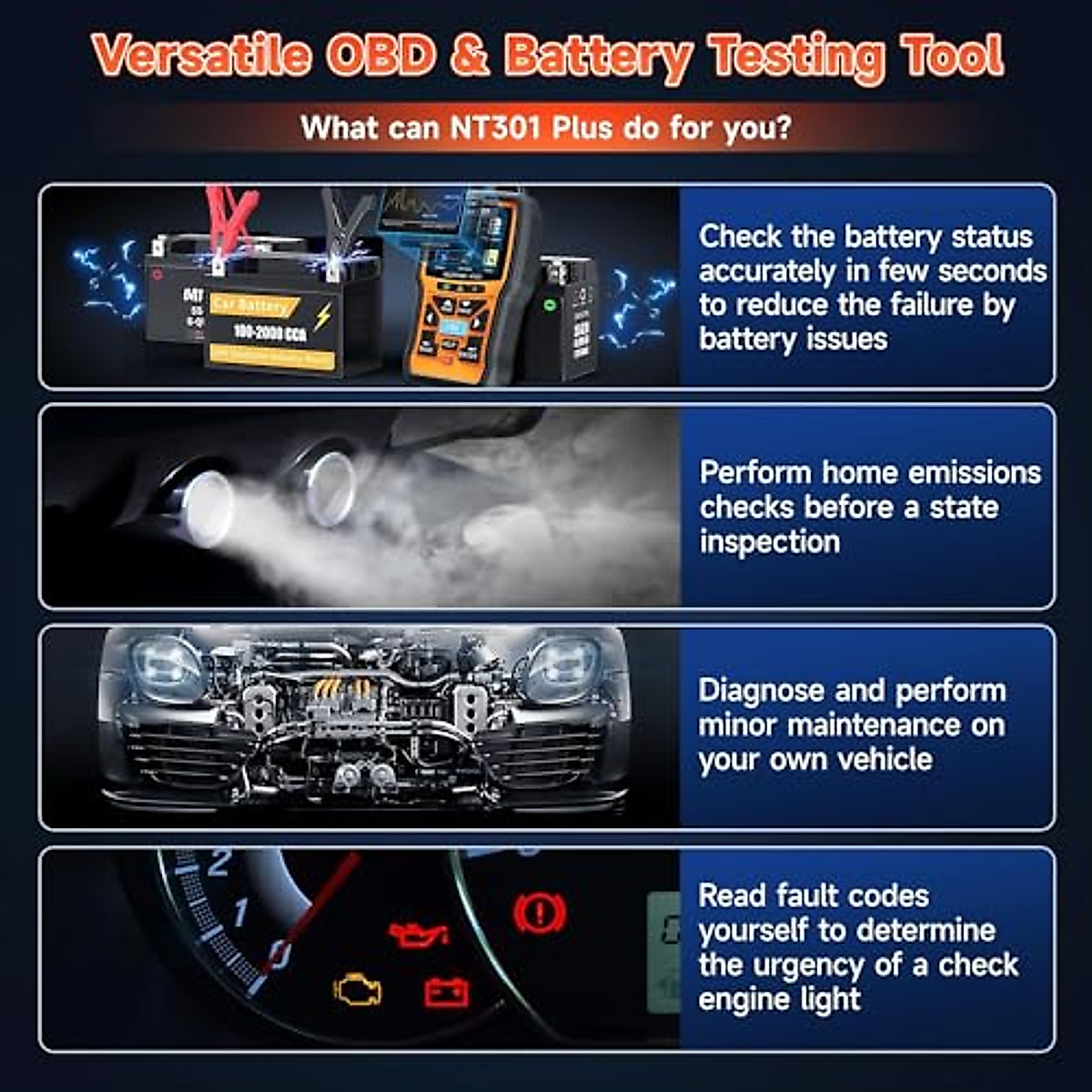 FOXWELL NT301 Plus 2 IN1 OBD2 Scanner Battery Tester, OBD2 Scanner Diagnostic Tool Check Engine Car Code Reader, 12V 100-2000 CCA Battery/Charging/Cranking Test, EVAP Live Data, Full OBDII Diagnosis