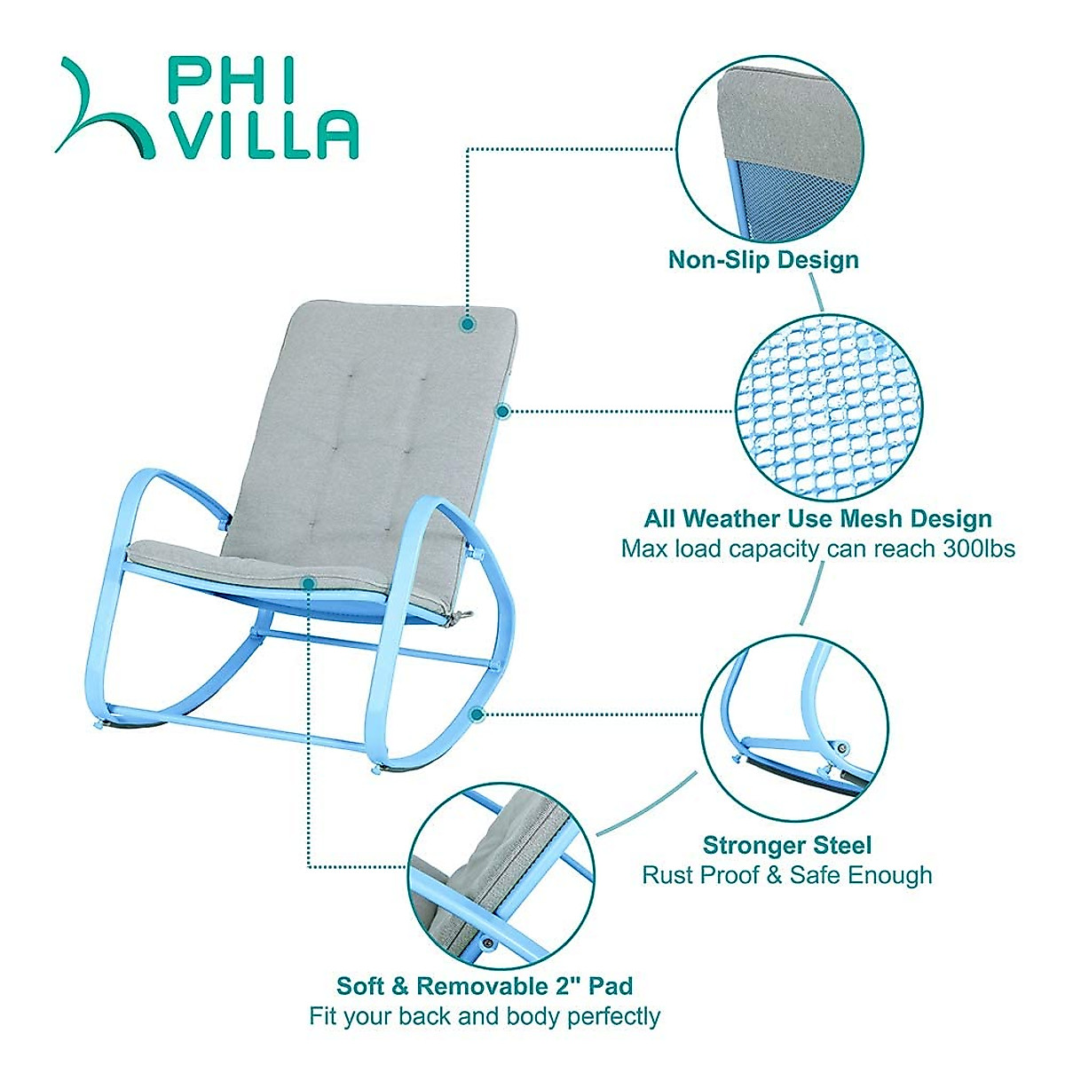 PHI VILLA Outdoor Patio Metal Rocking Chair, Padded Modern Rocker Chairs with Cushion, Support 301lbs for Porch, Deck, Balcony or Indoor Use (1PCS, Blue)