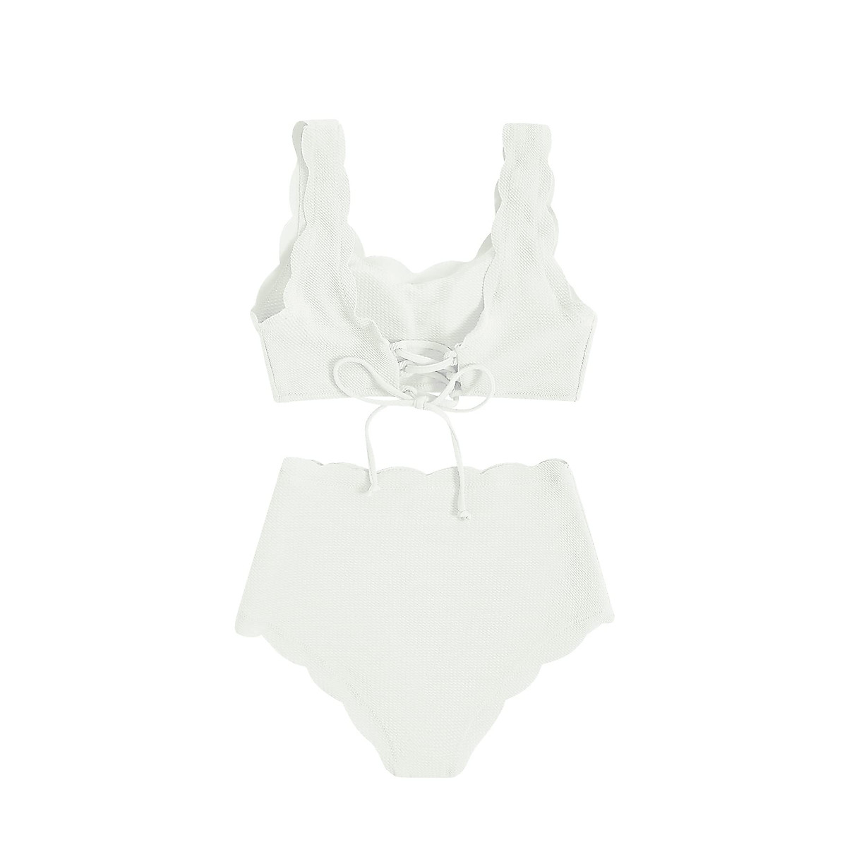 SweatyRocks Women's 2 Pieces Swimsuit High Waist Scalloped Trim Lace Up Bikini Set Plain White L