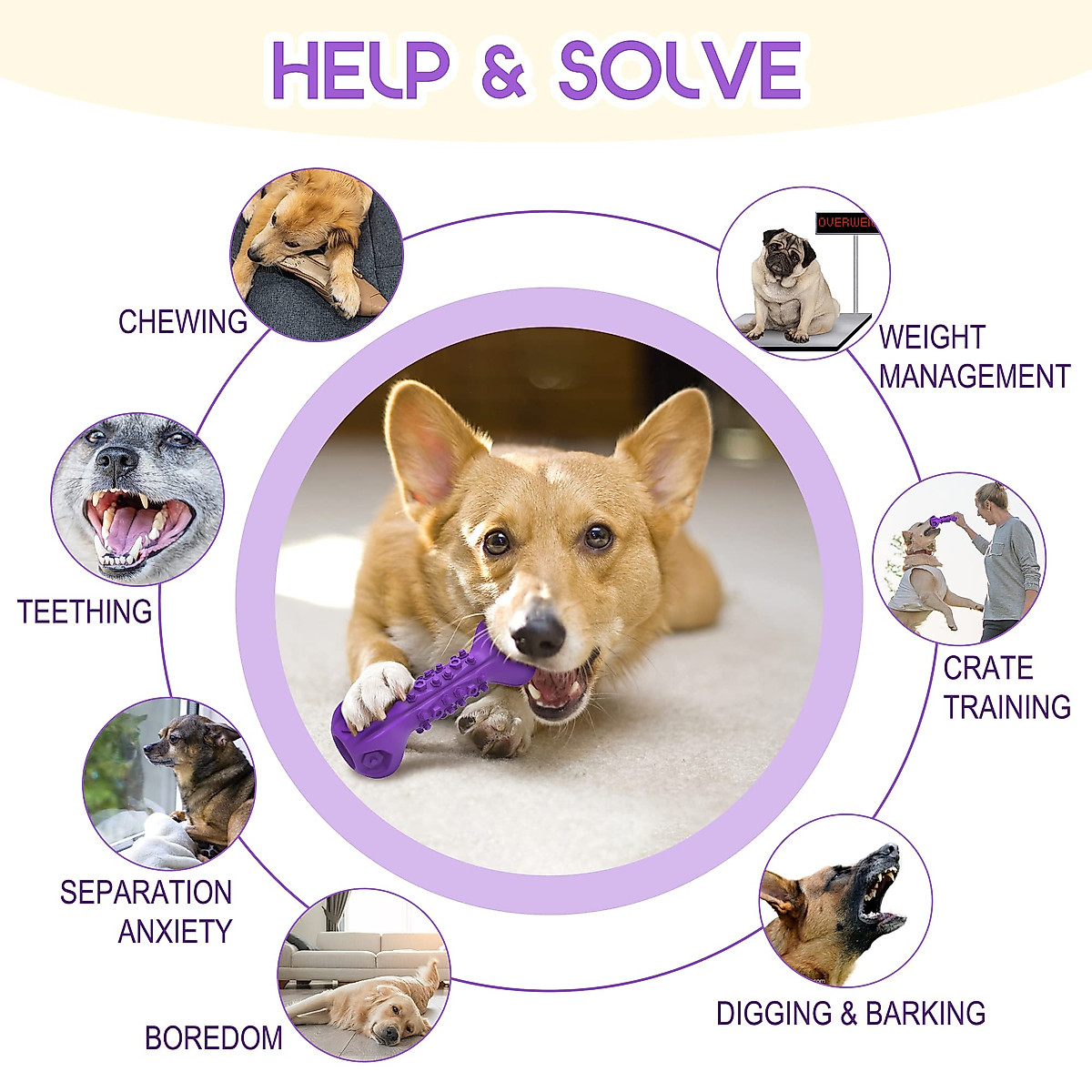 Wonfly Indestructible Dog Chew Toys, 8inch Dog Squeak Toys for Large Dogs Aggressive Chewers, Natural Rubber Dog Interactive Dog Toys for Medium Large Dogs, Boredom Puzzle Feeder (Purple)