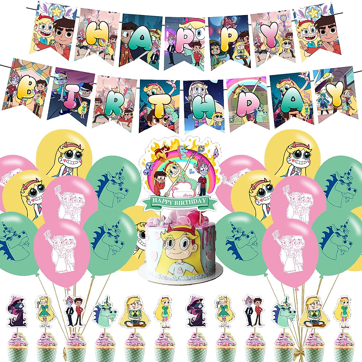 32Pcs Star vs. the Forces of Evil Birthday Party Decorations,Party Supply Set for Kids with 1 Happy Birthday Banner Garland , 13 Cupcake Toppers,18 Balloons for Party Supplies