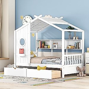 Demofit House Bed with 2 Drawers, Wooden Bed Frame with Storage Shelf and Roof for Bedroom,No Boxspring Required (Twin, White)