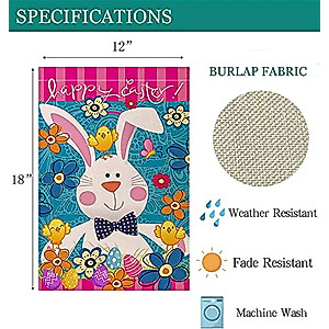 Happy Easter Garden Flag, Double Sided 12” x 18” Linen Tulip and Bunny Yard Flag for Spring Outside Yard Outdoor Farmhouse Easter Decorations (Blue)