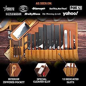 Chef Knife Roll Bag | 16oz ULTRA Wax Canvas & Top Grain Leather | 22 Slots & 4 Zipper Pouch | Double Stitch | Water-Resistant | Cleaver Pouch | Knife Organizer for Chefs and Culinary Students