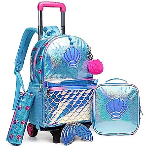 Oruiji Mermaid Rolling Backpack for Girls Rolling Backpack for School Backpack with Wheels for Girls Roller Backpack for Elementary Girls with Lunch Box