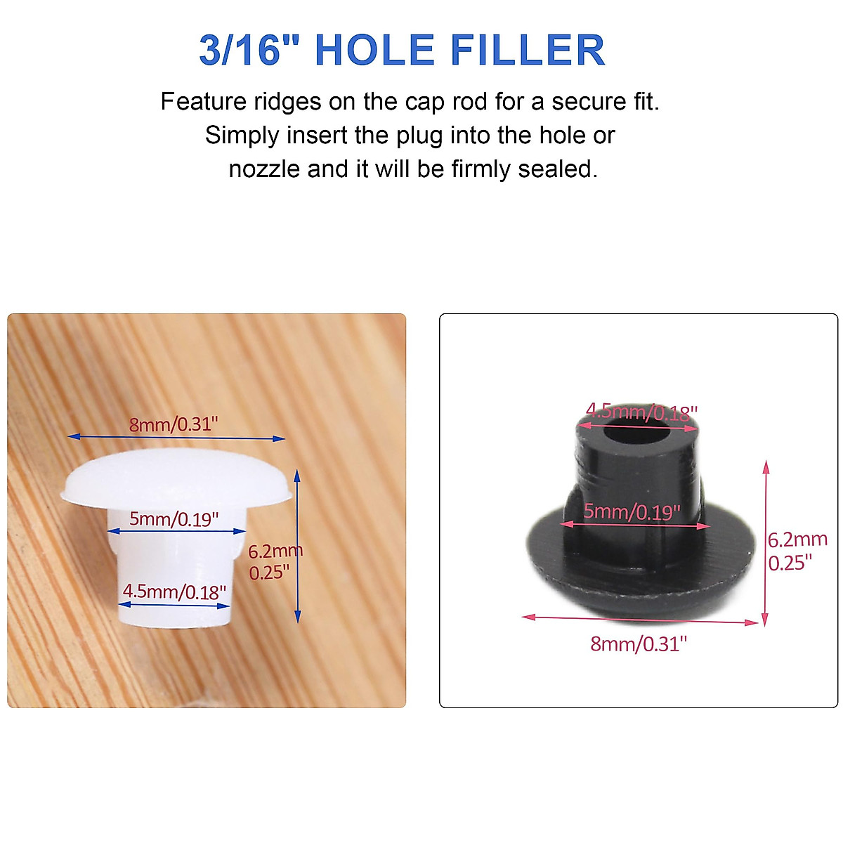 BOPOREAE 300Pcs 5mm(3/16Inch) Plastic Hole Plugs Black Screw Cap Drilling Covers Round Button Plugs for Cabinet Cupboard Shelves License Plate Furniture Hardware