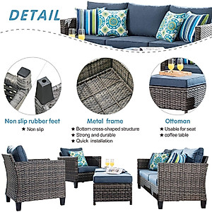 ovios Outdoor Furniture 5 Pieces Patio Furniture Set Sectional Conversation Set All Weather Wicker Rattan Sofa Couch for Yard Deck Porch, Grey Wicker, Denim Blue Cushion