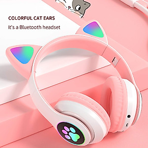 Cat Ear Headphones, Bluetooth 5.0 Cute Cat Ear Headphones Foldable HiFi Sound Quality Stereo Effect Rainbow Light Effect Kitty Gaming Headset for Kids Boys Girls PC Laptops Smartphones