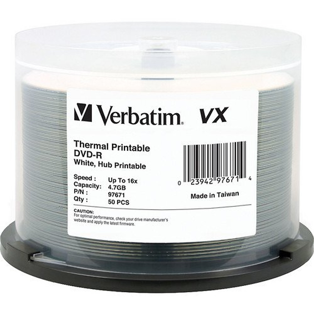 Verbatim DVD-R Blank Disc 4.7GB 16X VX Thermal and Hub Printable - Pack of 50 Spindle White (97671)