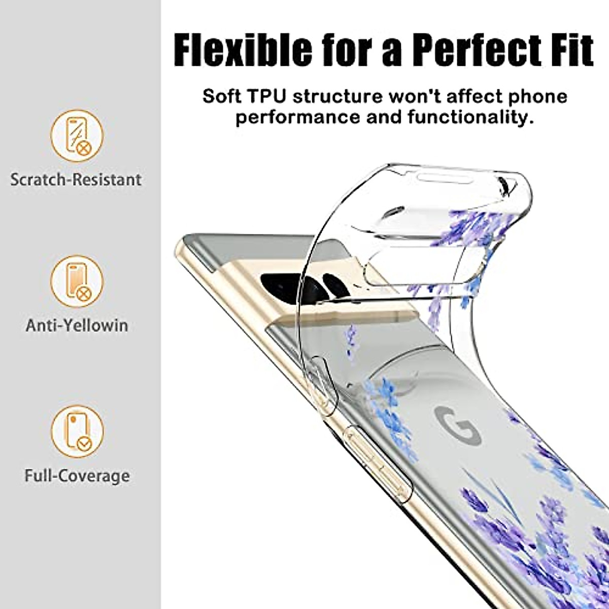 Cute Purple Flower Phone Case for Google Pixel 7 Pro Clear with Lavender Flora Design for Girls Woman, Soft TPU Protective Silicone Slim Case Cover for Google Pixel 7 Pro Lilac