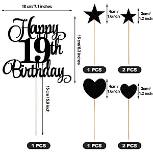 19th Birthday Cake Decorations Set Include 19th Birthday Candles Numeral 19 Cake Candles and Happy 19th Birthday Cake Toppers with Heart Star Cupcake Picks for Birthday Party (Black Series)