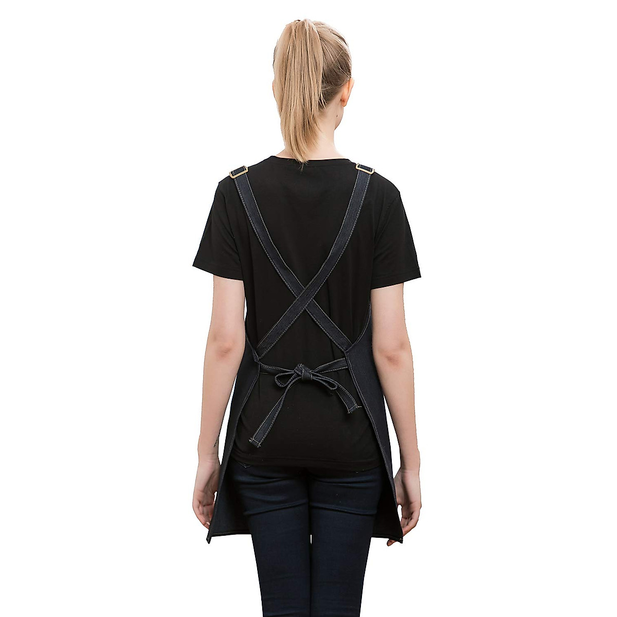 Denim Cross-Back Chef Bib Apron with Pockets for Men and Women (Black)