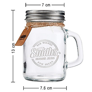 Smith's Mason Jars 16oz/473ml 4-pc Glass Cups with lid, straw and Handles - Smoothie glasses - Good for Milkshake, Juices, Ice Coffee Ideal for Picnics DIY Drinks and Outdoor Activity