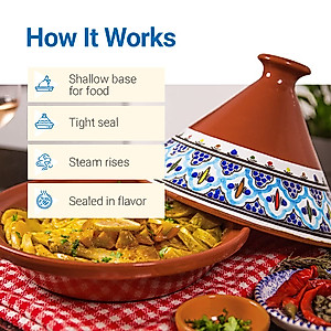 Kamsah Hand Made and Hand Painted Tagine Pot | Moroccan Ceramic Pots For Cooking and Stew Casserole Slow Cooker (Medium, Supreme Bohemian Blue)