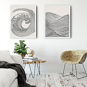 PAINURA Japanese Wave Poster Abstract Wall Art Minimalist Print Abstract Ocean Art Black and White Canvas Art for Bedroom Decor Japanese Wall Art Line Art Wall Decor (16x24Inchx2 Unframed)