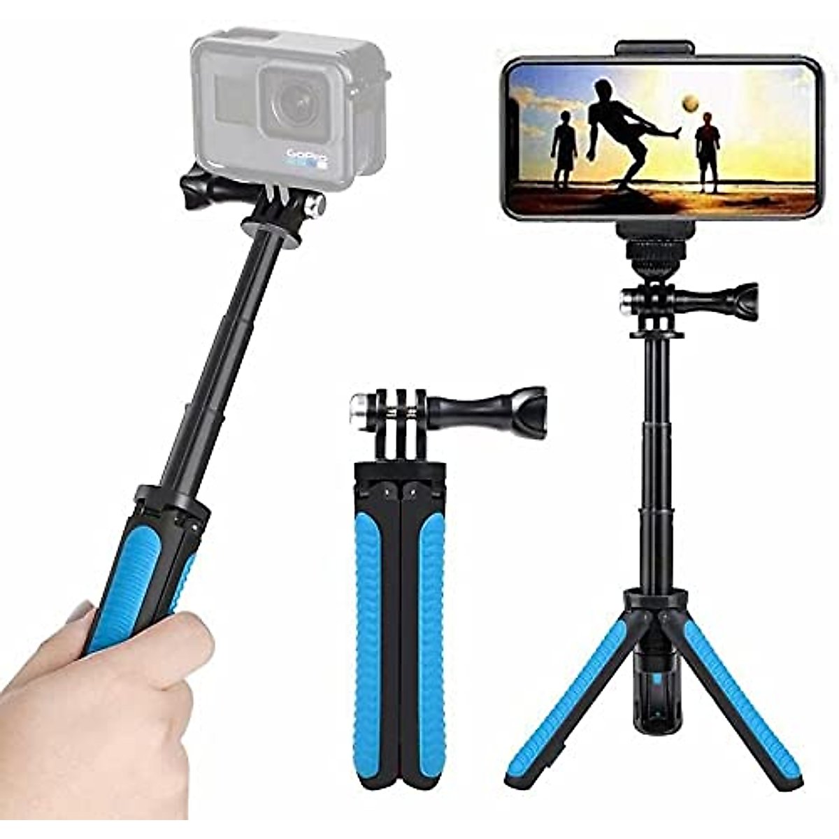 Extendable Mini Selfie Stick Tripod Two in One， Compatible with AKASO Gopro Hero 10/9/8/7/6/5 Various Action Camera and Cell Phone Accessories（Blue）