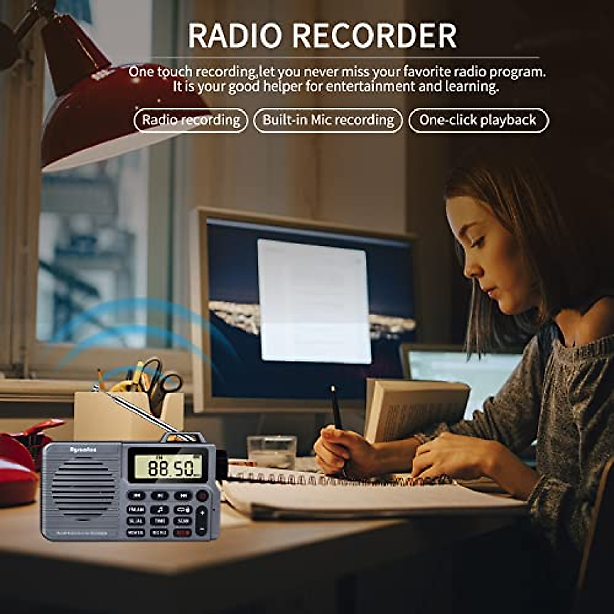 Portable AM/FM Radio, Small Pocket Radio with Bluetooth, Bass Speaker, Support Micro SD Card and Record, Long Battery Life, Alarm and Sleep Function