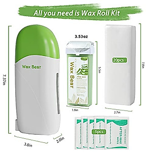Roll on Wax Kit, Wax Bear Wax Roller Kit for Hair Removal, Roller Waxing Kit with Aloe Wax Cartridge, 20 Wax Strips, 5 After-Wax Wipes, Depilatory Wax Roller Waxing Kit for Women and Men (Green)