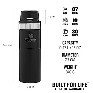 Stanley Trigger Action Travel Mug 0.47L Matt Black – Keeps Hot for 7 Hours - BPA-free Stainless Steel Thermos Travel Mug for Hot Drinks - Leakproof Reusable Coffee Cups