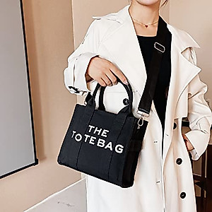 JQAliMOVV Canvas Tote Bag for Women - Mini Travel Tote Bag Purse with Zipper Fashion Shoulder Crossbody Bag Handbag (Black)