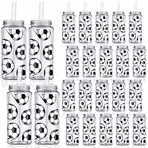 Domensi 24 Pack Cups 14.2 oz Plastic Tumbler with Lid and Straw Clear Reusable Cups with Lids and Straws Cups for Birthday Sports Themed Party Supplies(Soccer)