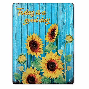 WIRESTER 9.8 x 13 Inch Metal Tin Sign, Wall Sign Decoration for Home, Office, Living Room, Garden, Kitchen Art Sign - Vintage Good Day Sunflowers