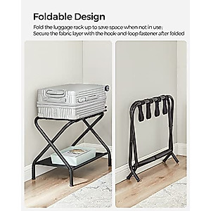SONGMICS Luggage Rack, Suitcase Stand with Fabric Storage Shelf, for Guest Room, Bedroom, Hotel, Foldable Steel Frame, Holds up to 110 lb, 27.2 x 15 x 20.5 Inches, Black URLR002B01V1