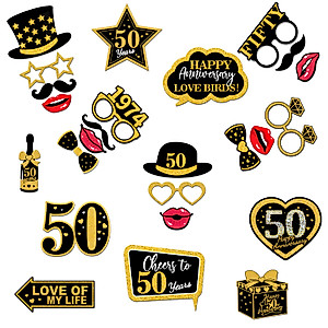 50th Wedding Anniversary Photo Booth Props, Fully Assembled Happy Wedding Anniversary Decorations, Black and Gold Funny Prom Photo Props