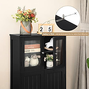 Iwell Bathroom Cabinet, Linen Storage Cabinet with Glass Doors & Adjustble Shelf, Bathroom Floor Cabinet, Cupboard for Living Room, Office, Enterway, Black