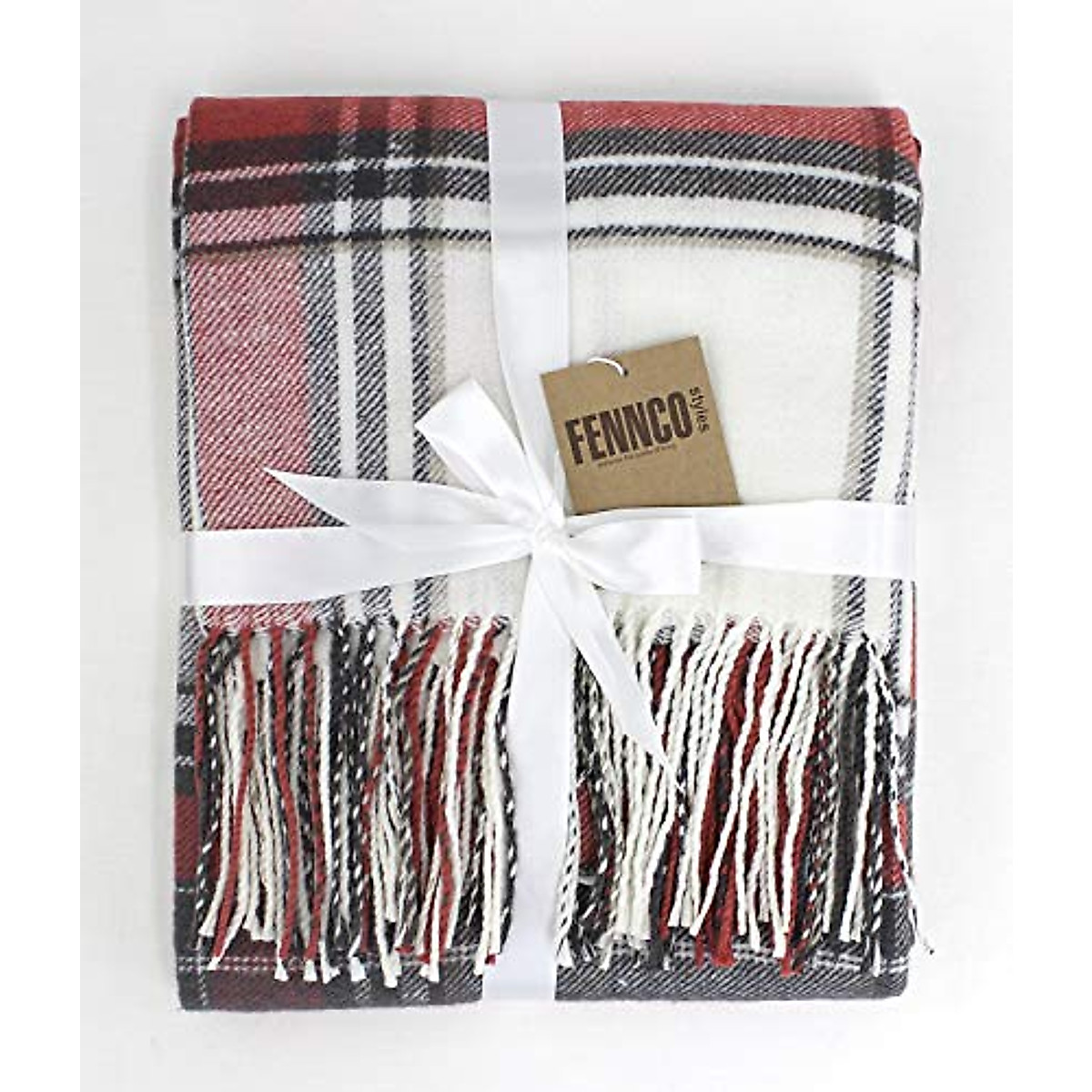 Fennco Styles Classic Plaid Pattern Tassel Trim Throw Blanket 50 x 60 Inch - Red White Throw for Couch, Home Decor and Holiday Winter Season