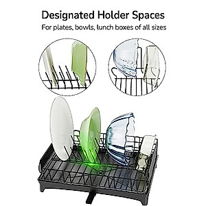 ULG Dish Drying Rack with Drainboard, Countertop Dish Rack, Rustproof Dish Drainer for Kitchen Counter, Draining Rack with Detachable Utensil Holder, Adjustable Swivel Spout Dish Strainers, Black