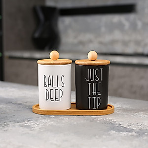 MOMEEMO Funny Qtip Holder and Cotton Ball Holder Set for Bathroom Organization. Apothecary Jars with Bamboo Tray are Great for Black and White Bathroom Decor, Rustic Bathroom Decor. (Ceramic&Tray)