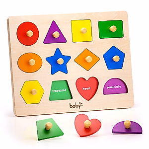 Boby Shape Color Puzzle for Toddlers 1-3, Montessori Learning Toys for 1 + Year Old Girl, Jumbo Knob Wooden Pegged Chunky Shapes Puzzles for Kids Ages 3, Baby Educational Toys 12-18-24 Months Boys