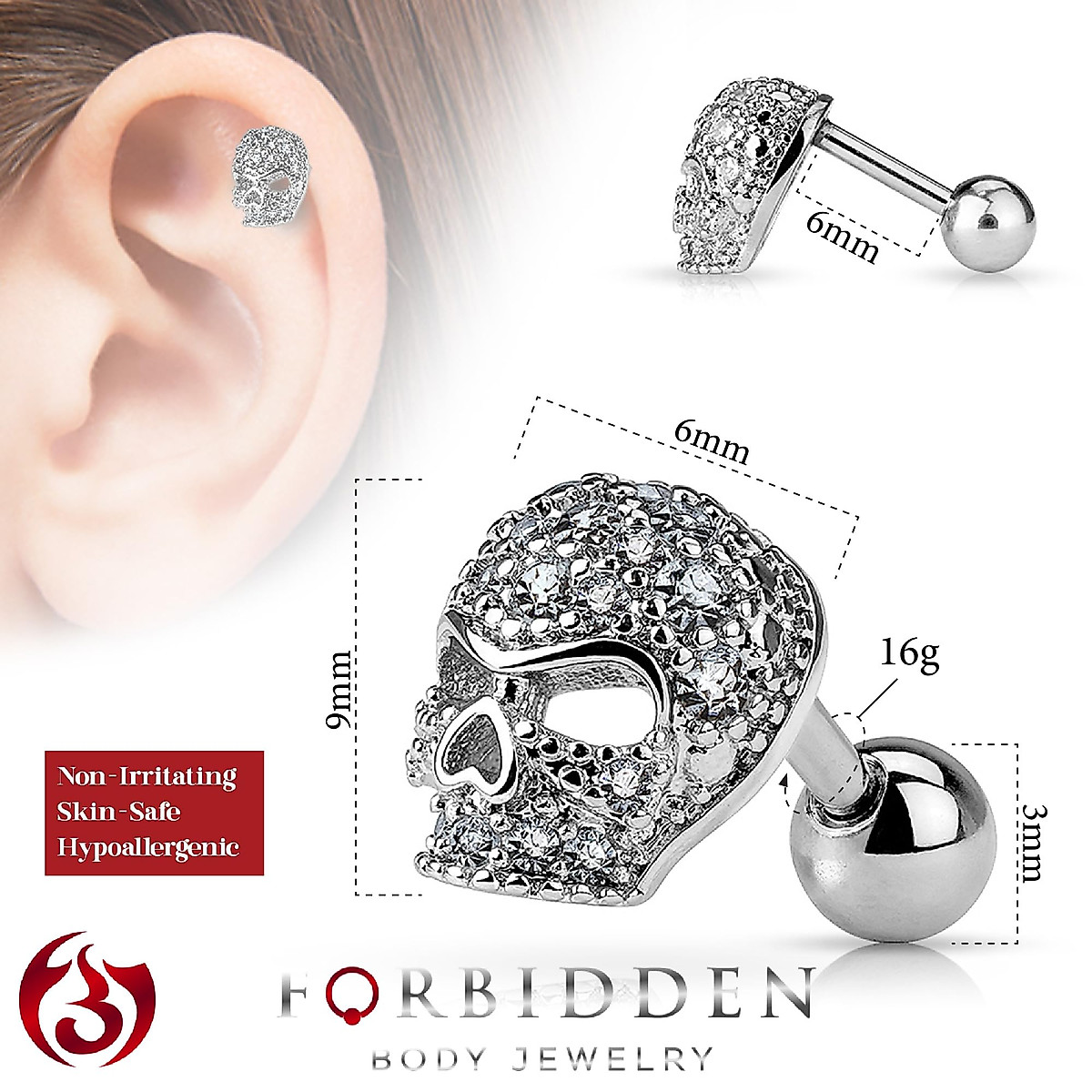 Forbidden Body Jewelry Surgical Steel Skull Earrings Micro CZ Paved Cartilage Stud 16G