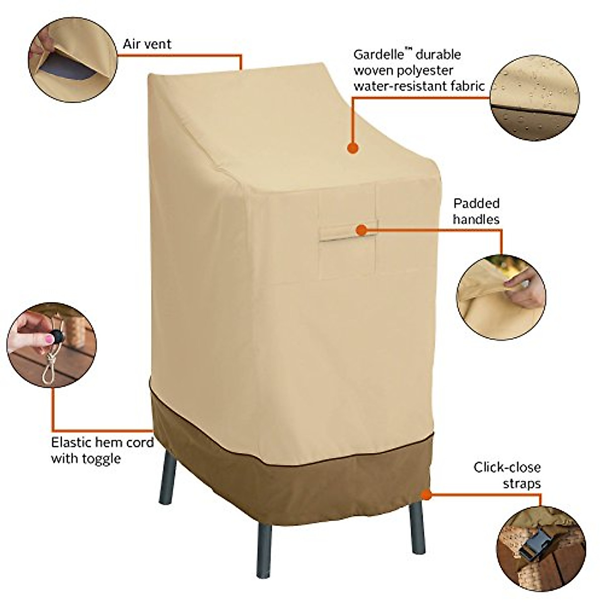 Classic Accessories Veranda Water-Resistant 26 Inch Patio Bar Chair & Stool Cover, 4-Pack, Patio Furniture Covers (Pebble/Bark/Earth)