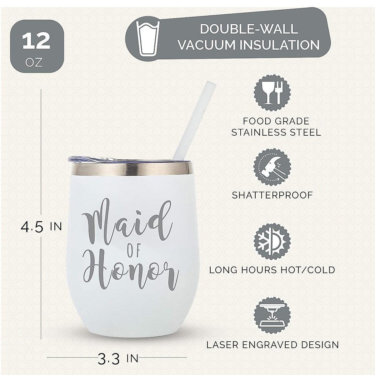 Your Dream Party Shop Maid of Honor Gifts Tumbler Cup, White Powder Coated Stainless Steel 12oz Stemless Proposal Wine Glass Maid of Honor Cup, Bridesmaid Tumblers (Maid of Honor)