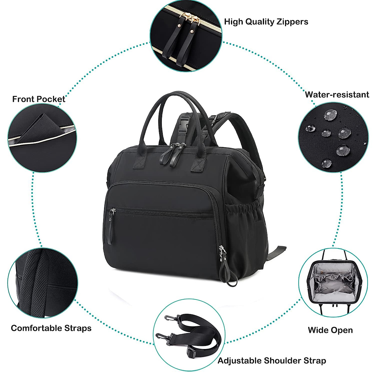 PAOIXEEL Large Capacity Diaper Bag Tote, Water-Resistant Nylon 3 Ways Travel Backpack and Should Bag with Anti-Theft Pockets, Black-Silver