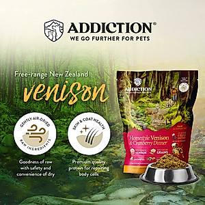 Addiction Homestyle Venison & Cranberry Dinner Raw Alternative Dog Food - Gently Air-Dried Complete Meal or Dog Food Topper for Digestive and Skin and Coat Health, 2 lb