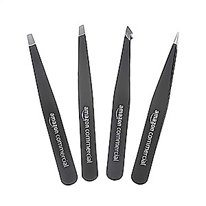 AmazonCommercial Eyebrow Tweezers, Stainless Steel Slant Tweezer Set and Pointed Hair Removal Tweezers, Precision Tweezers for Ingrown Hair, Eyebrows Plucking, 4-Pack