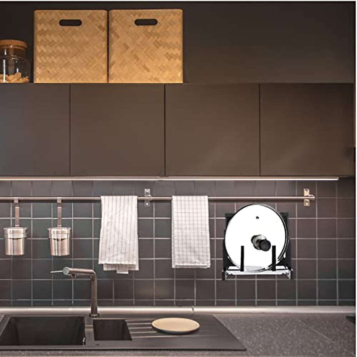 Cabilock 1 Set Knife Block Cutting Board Holder Wall Mounted Pan Pot Lid Holder Cutlery Organizer Kitchen Storage Display Stand Black