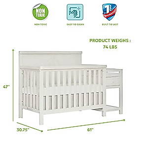 SweetPea Baby Meadowland 5-in-1 Convertible Crib & Changer I Attached Changer I Removable Changing Pad I Space-Saving Storage I Farmhouse Design, Weathered White