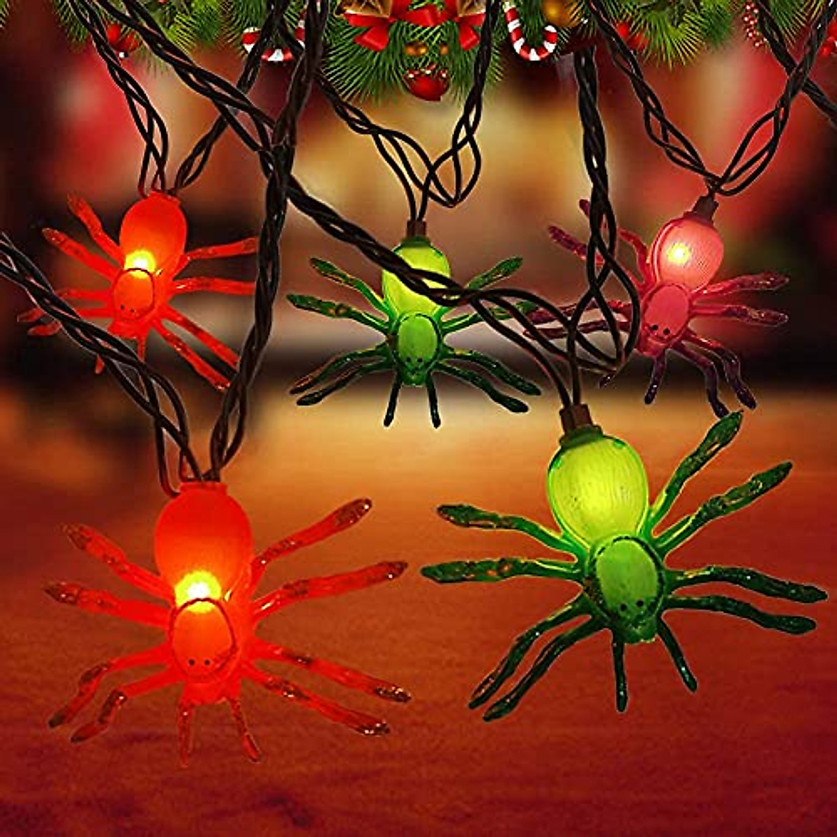 SUNSGNE Halloween Spider String Lights, 8.5Ft Halloween String Lights with 10 Spider Lights, Plug in Hanging Halloween String Lights for Halloween Party, Curtain, House, Garden, Yard, Halloween Decor