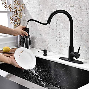 Hovheir Matte Black Kitchen Faucet with Soap Dispenser, Single Handle Pull Down Kitchen Faucet, High Arch Single Handle Stainless Steel Pull Out Sprayer Kitchen Sink Faucet